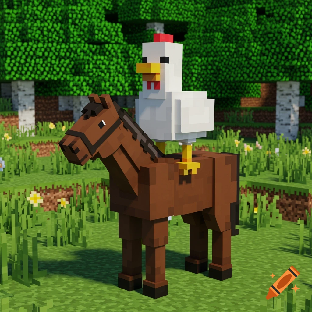 A blocky Minecraft-style zombie rides a giant chicken in a grassy field ...