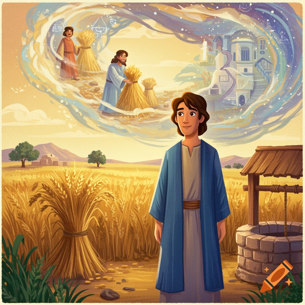 Joseph in a wheat field looking at a dream swirl showing figures and ...