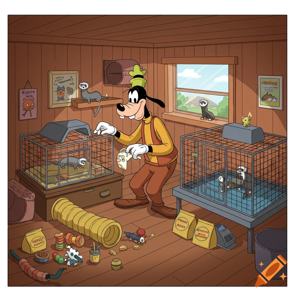 Goofy tending to his ferrets in a ferret room with toys and food ...