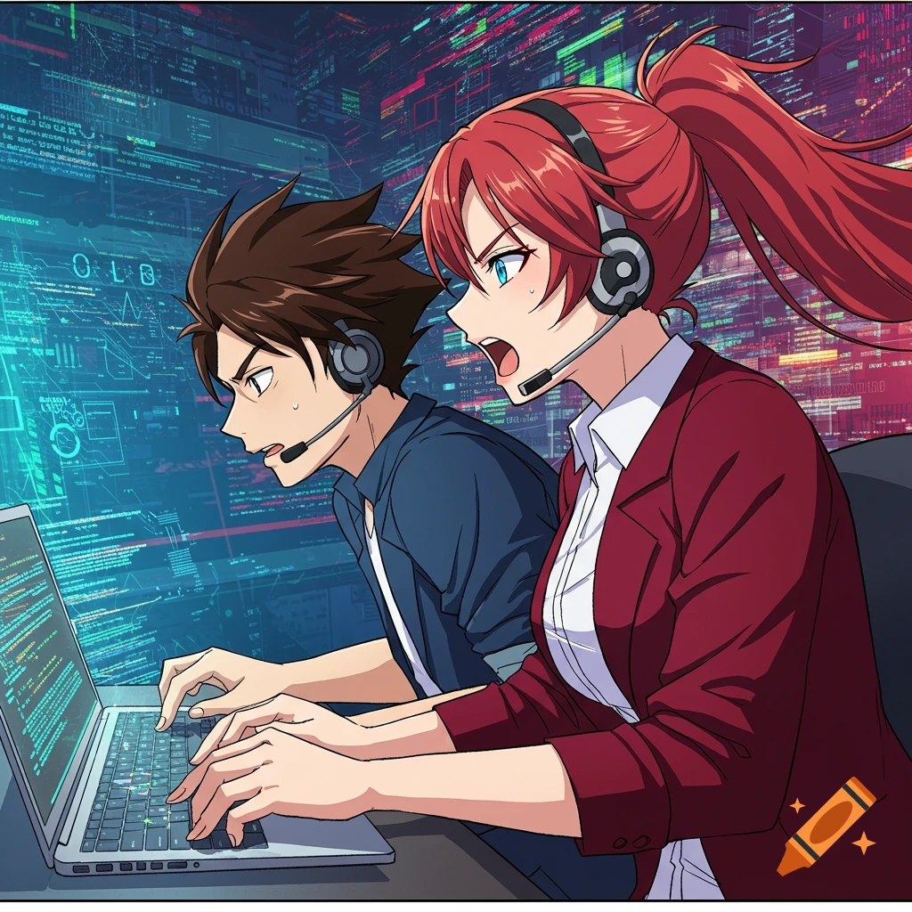Tech support duo in manga style action on Craiyon