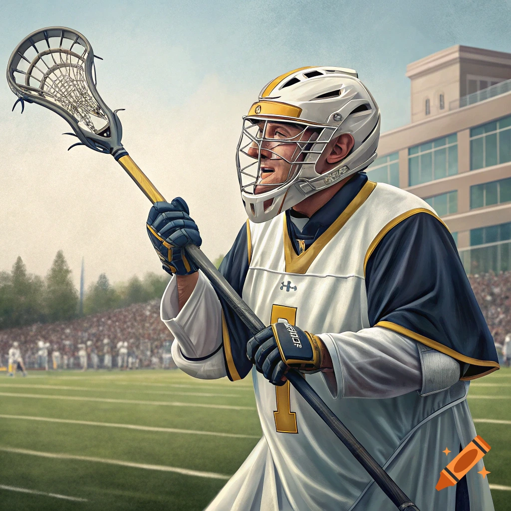 Illustration of a lacrosse player holding a stick on a field at night ...