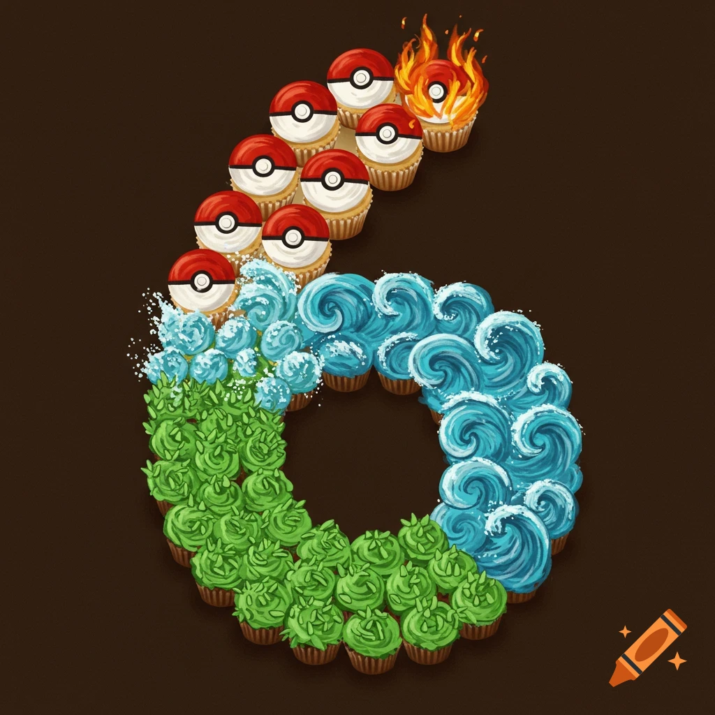 Cupcakes arranged as number 6, with Pokeball cupcakes, frosting grass ...