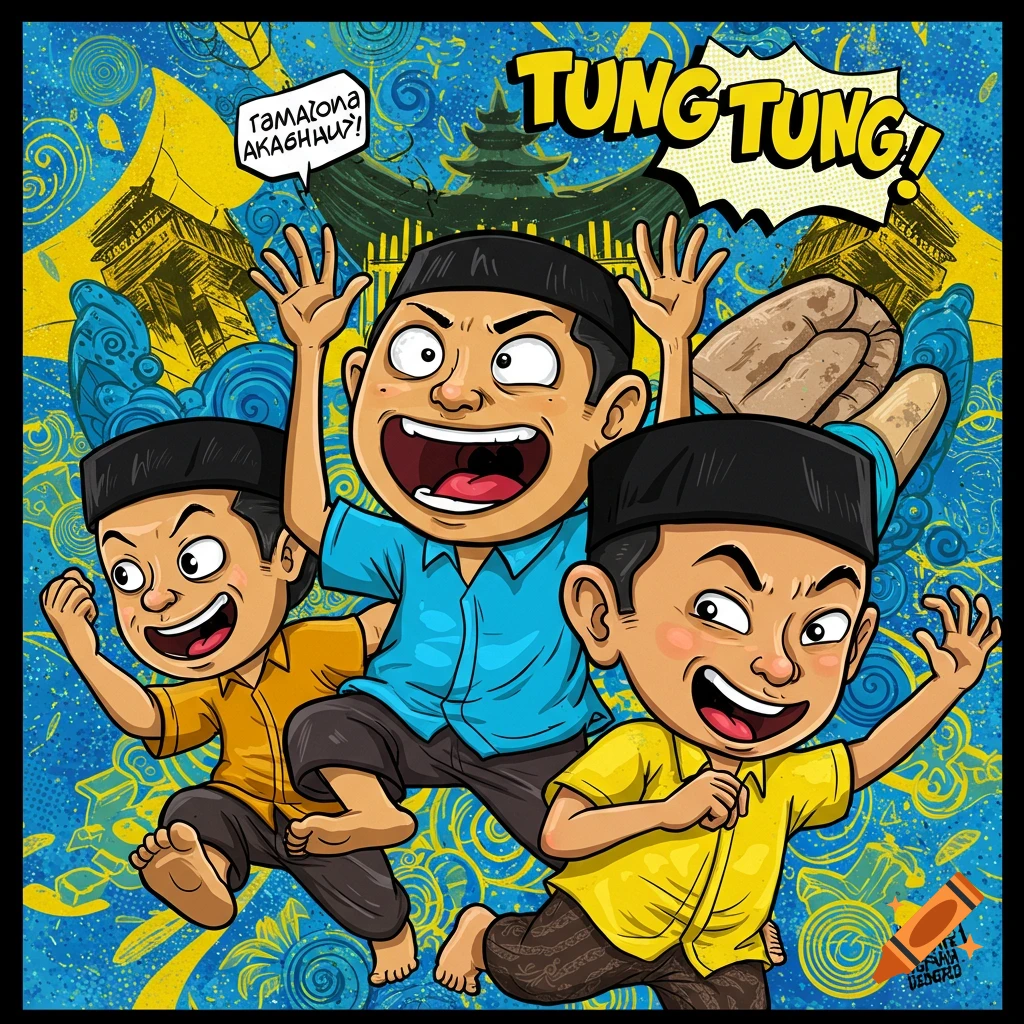 Illustration of three excited cartoon boys in traditional clothes ...
