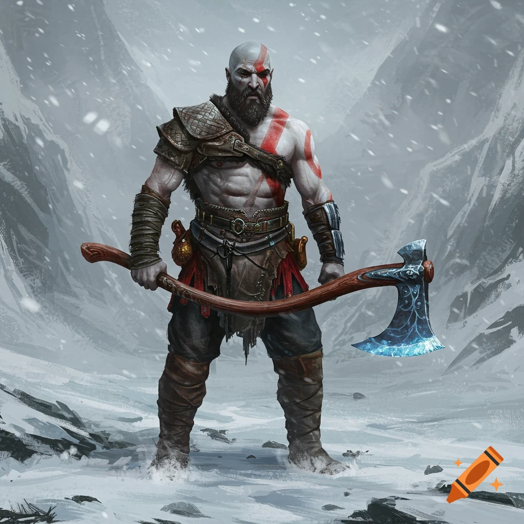 Kratos standing in a snowy mountain landscape holding his axe. on Craiyon