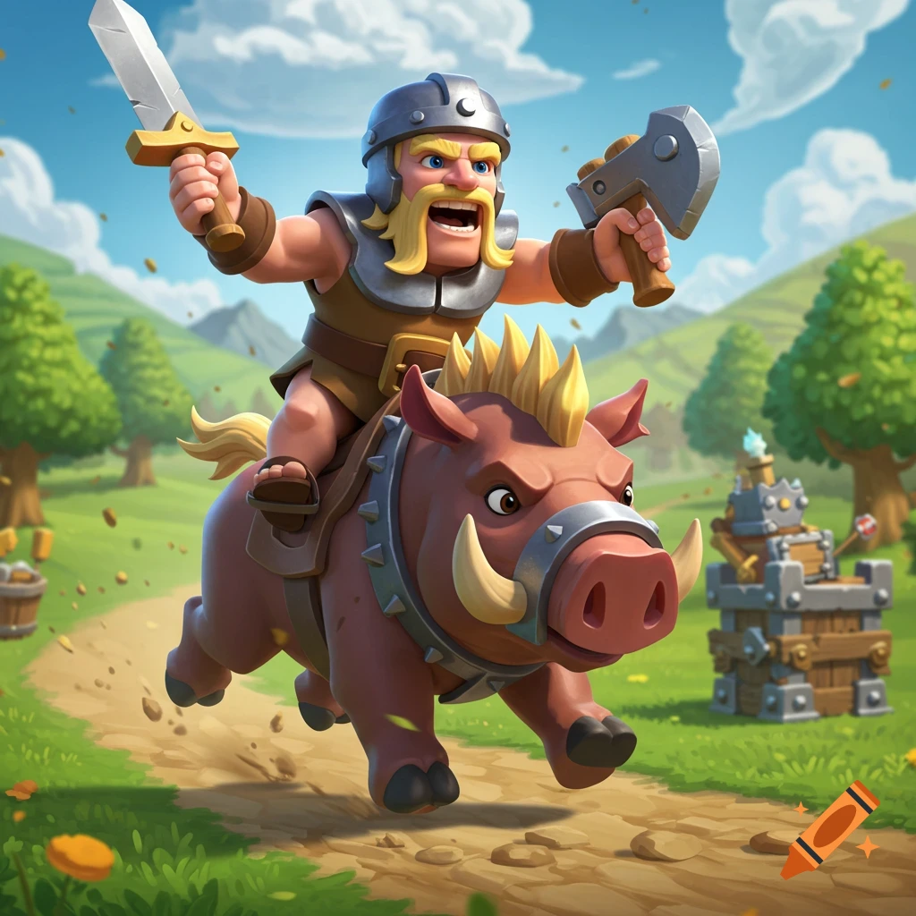 Cartoon man with sword and axe riding a boar on a grassy path. on Craiyon