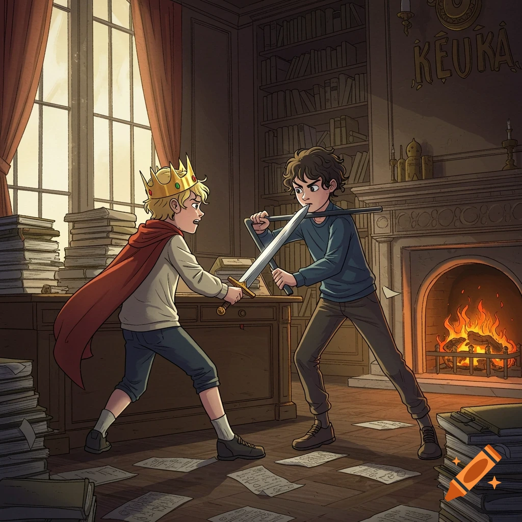 Boys fighting with sword and metal bar in an office on Craiyon