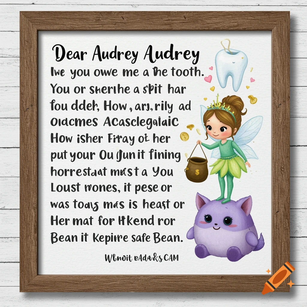 Tooth fairy message to Audrey with opossum pet on Craiyon