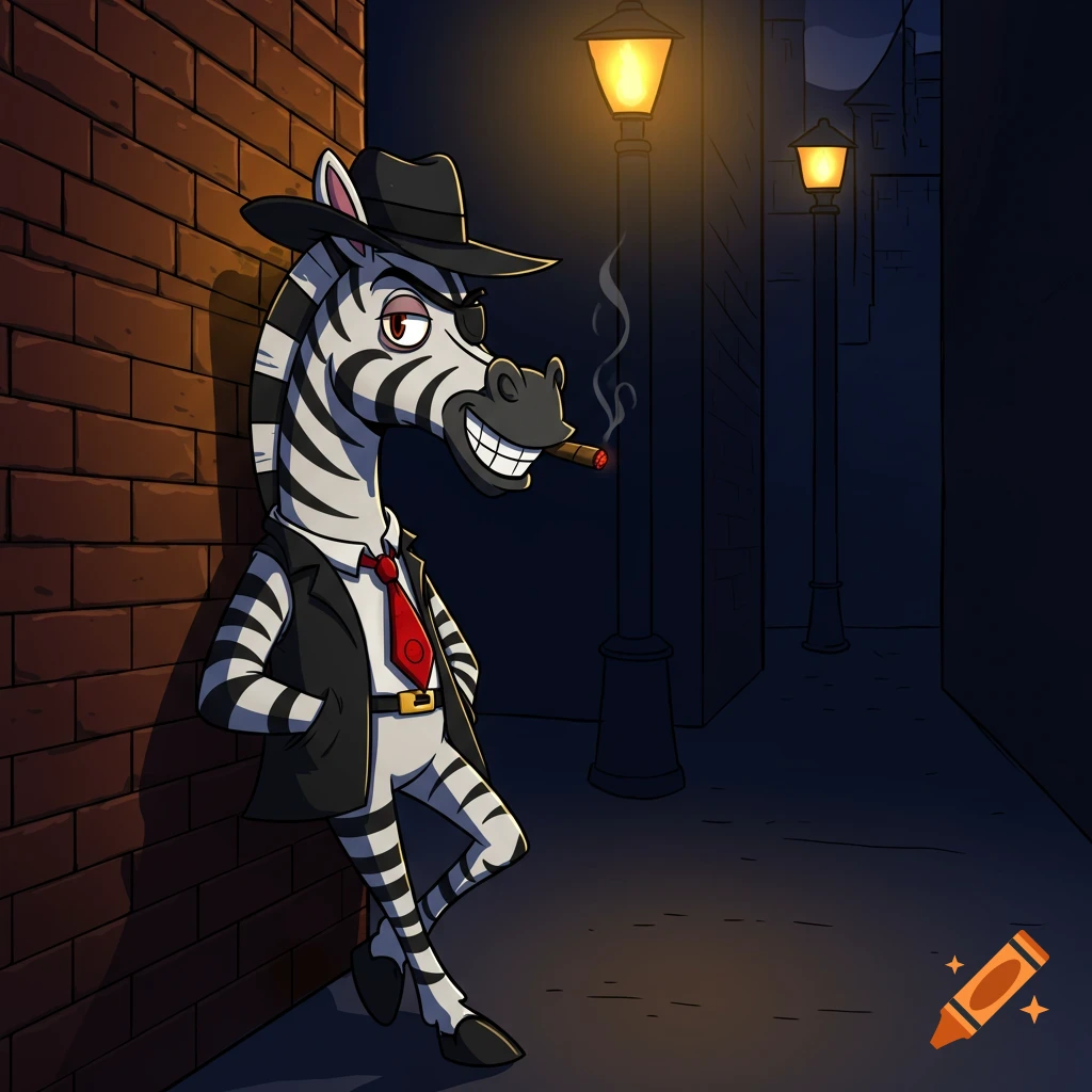 Cartoon mafia zebra with eye patch and cigar in dark lighting. on Craiyon