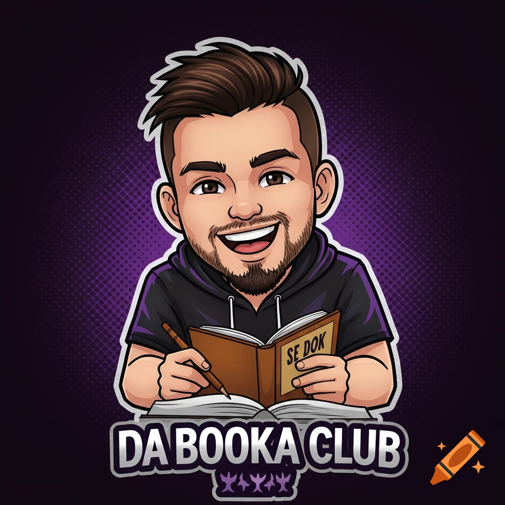 Cartoon logo of a man in a hoodie writing in a book, with the text "DA ...
