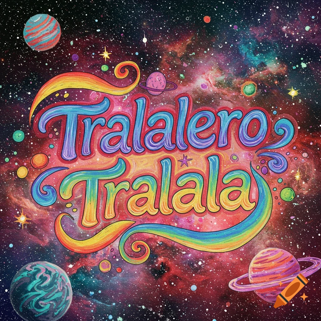 A colorful illustration in space with planets and the text 'Tralalero Tralala' in a rainbow font ...