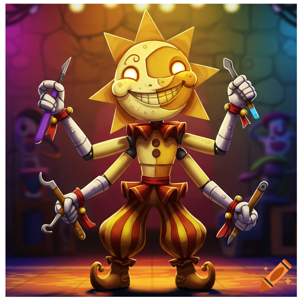 FNAF animatronic with Sun, Moon, and Music Man elements on Craiyon
