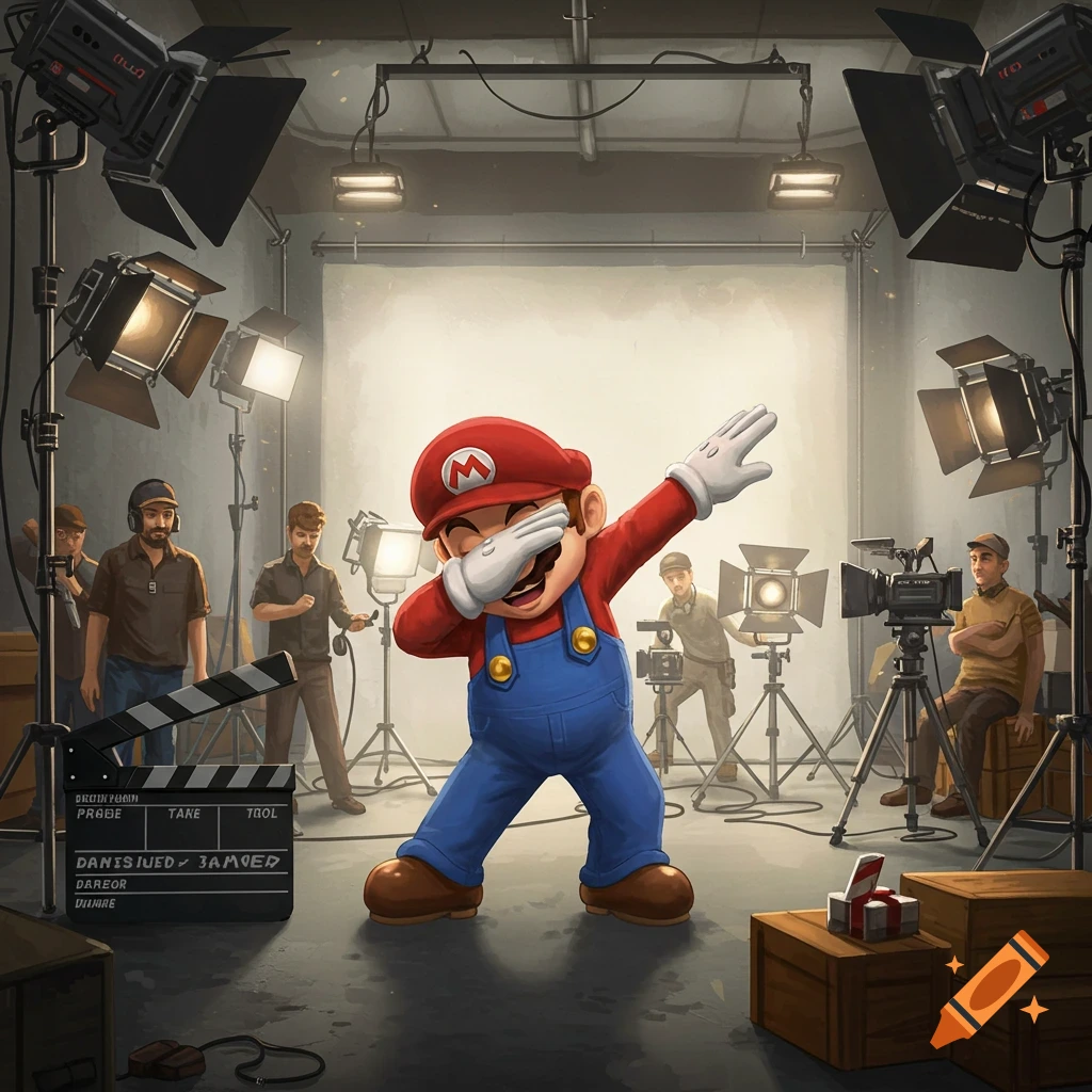 Super Mario dabbing in a film studio with crew and equipment around him ...