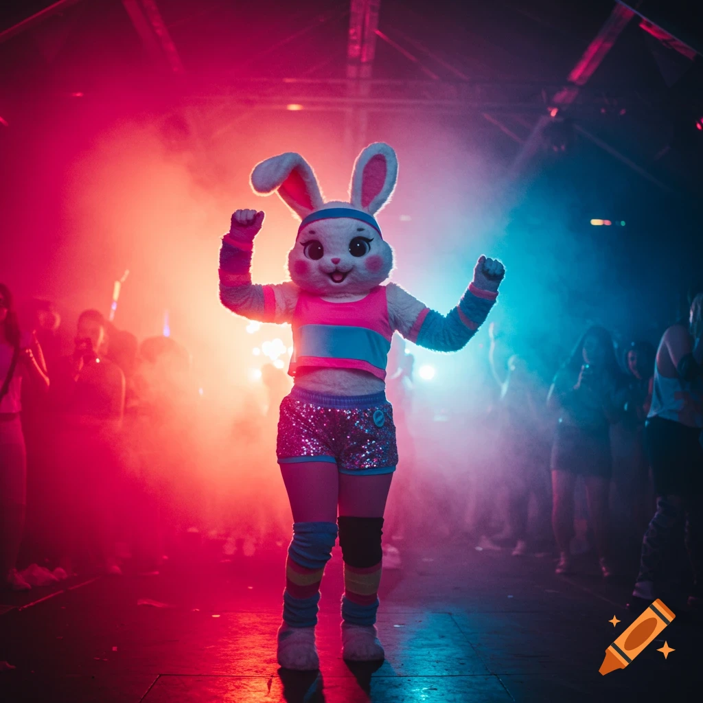A person in a white bunny costume with pink and blue clothes poses with ...