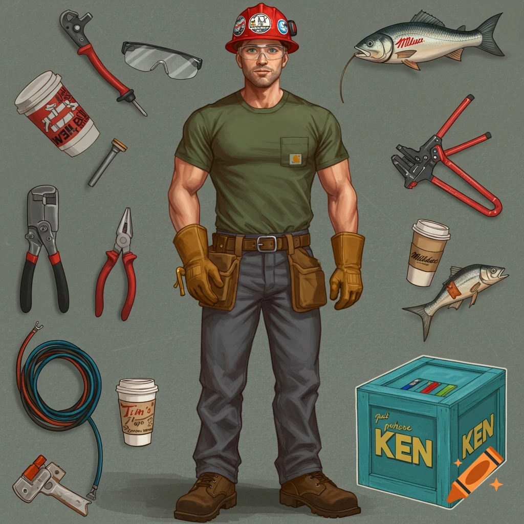 Illustration of a muscular man dressed as a tradesman, surrounded by ...