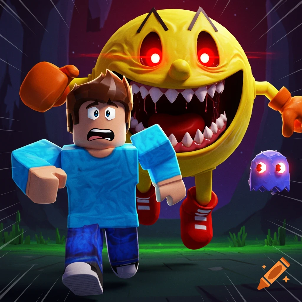Roblox character running from a horror Pac-Man and ghost on Craiyon