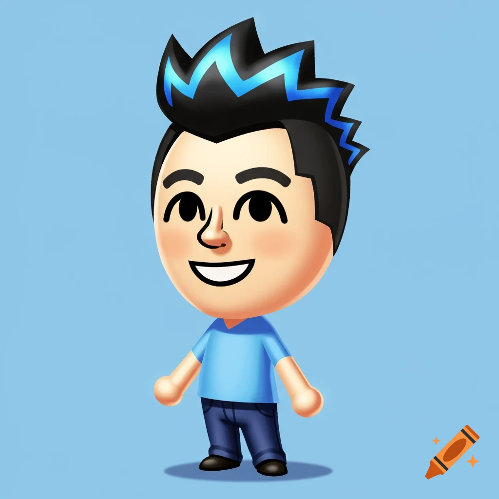 A male Mii character wearing a blue shirt. on Craiyon