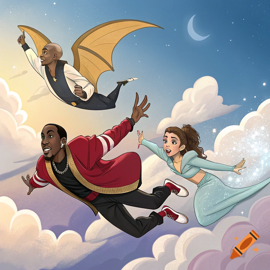 Michael Jackson, Diddy, and bald Ariana Grande flying on Craiyon