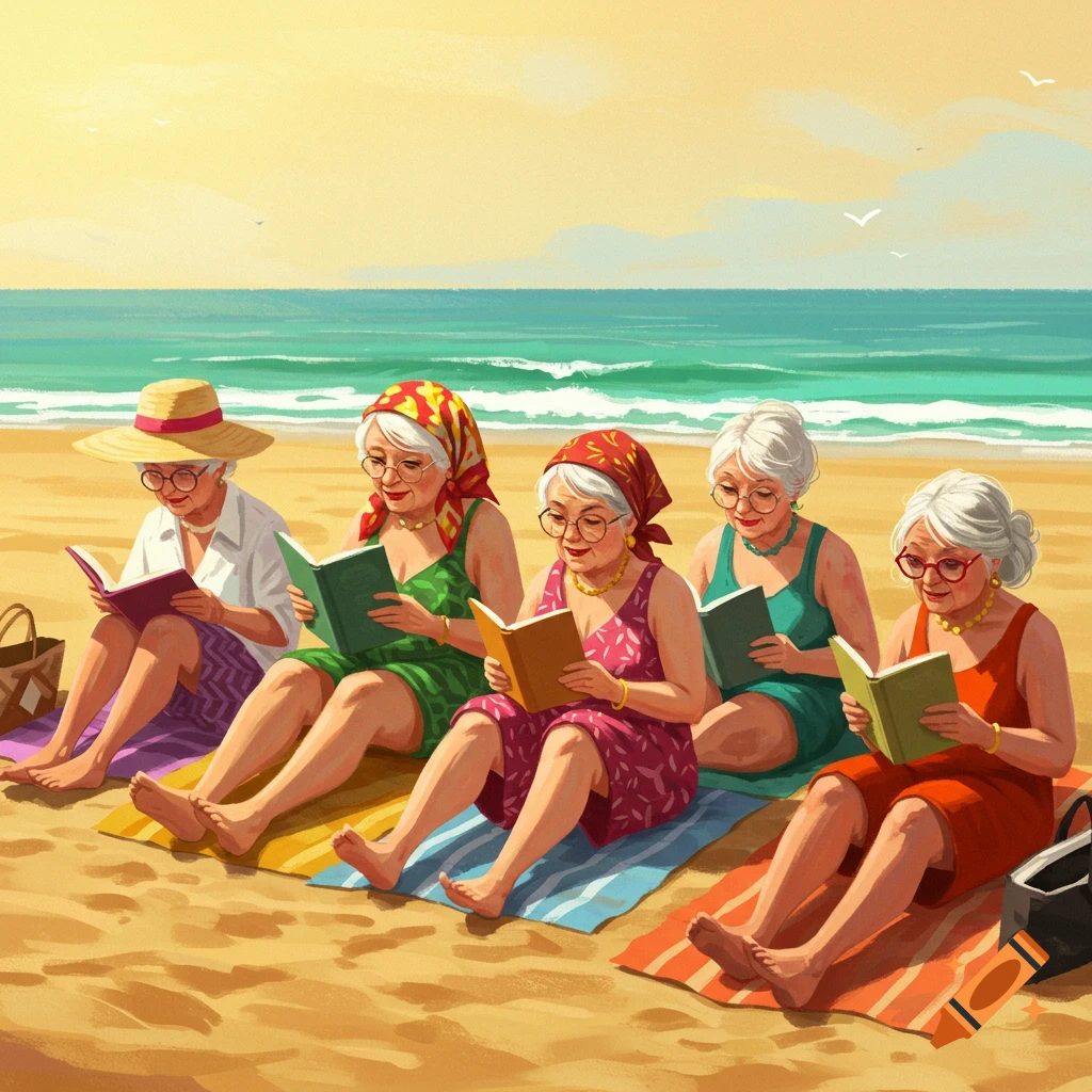 Five cartoon girls play on a sunny beach, building a sandcastle and ...