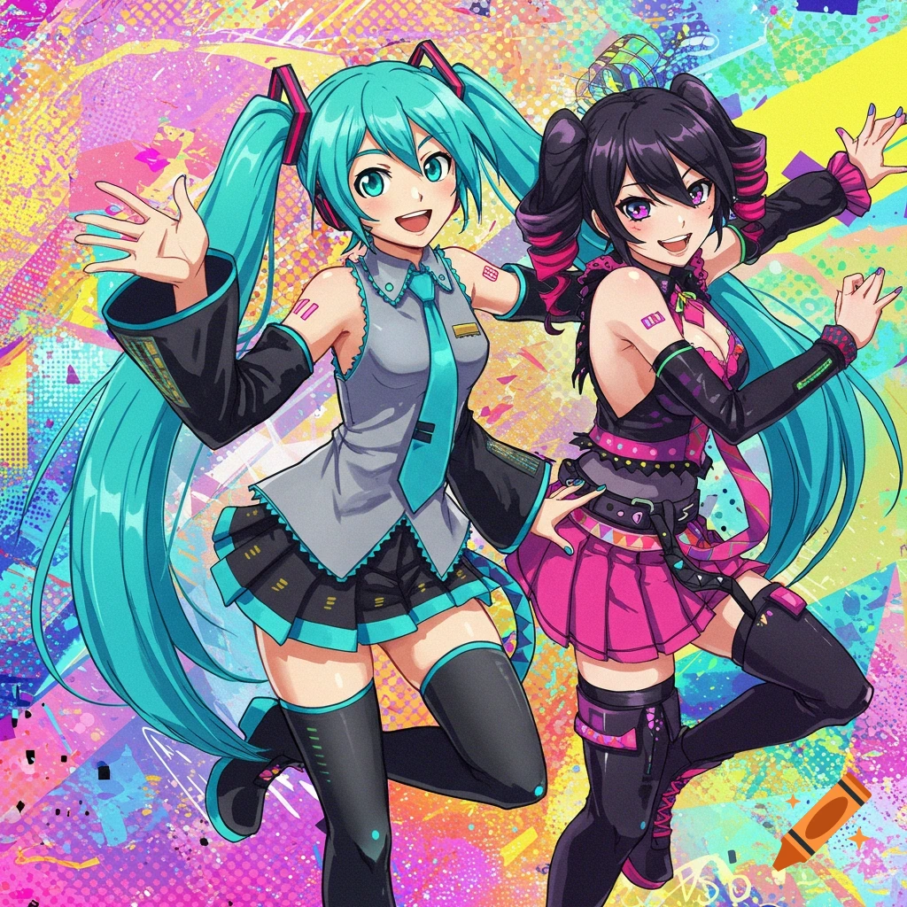 Anime girl Hatsune Miku and Rainbow Dash flying together on Craiyon