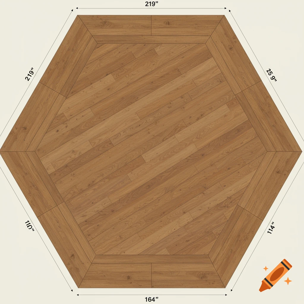 Technical drawing of a 6-sided room floor plan with dimensions on Craiyon