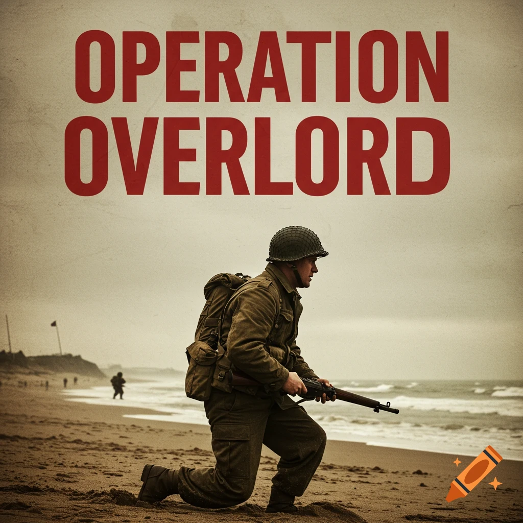 Soldier kneeling on a beach with red text 'OPERATION OVERLORD' on Craiyon