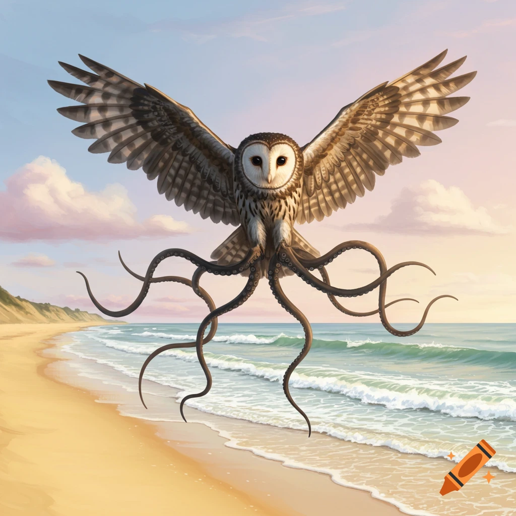 Owl with tentacles instead of feet flying above the beach on Craiyon