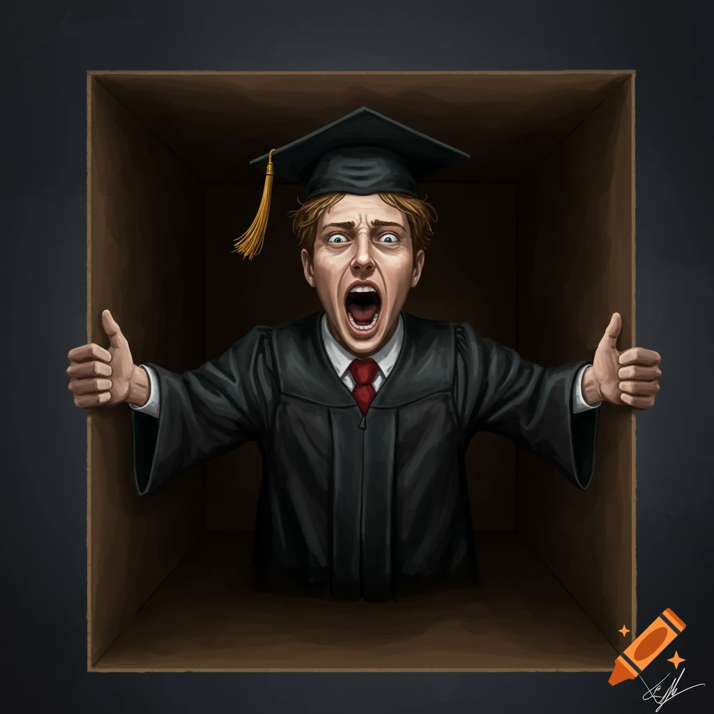 Person in graduation attire trapped in a box, screaming on Craiyon