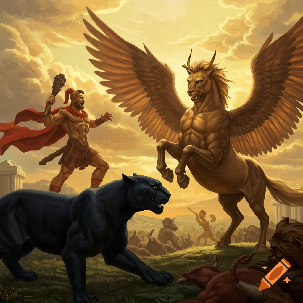 A man with a club, a black panther, and a winged creature are locked in ...