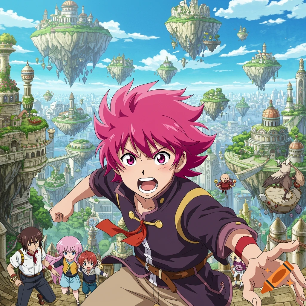 Anime illustration of characters in a fantasy world with floating ...