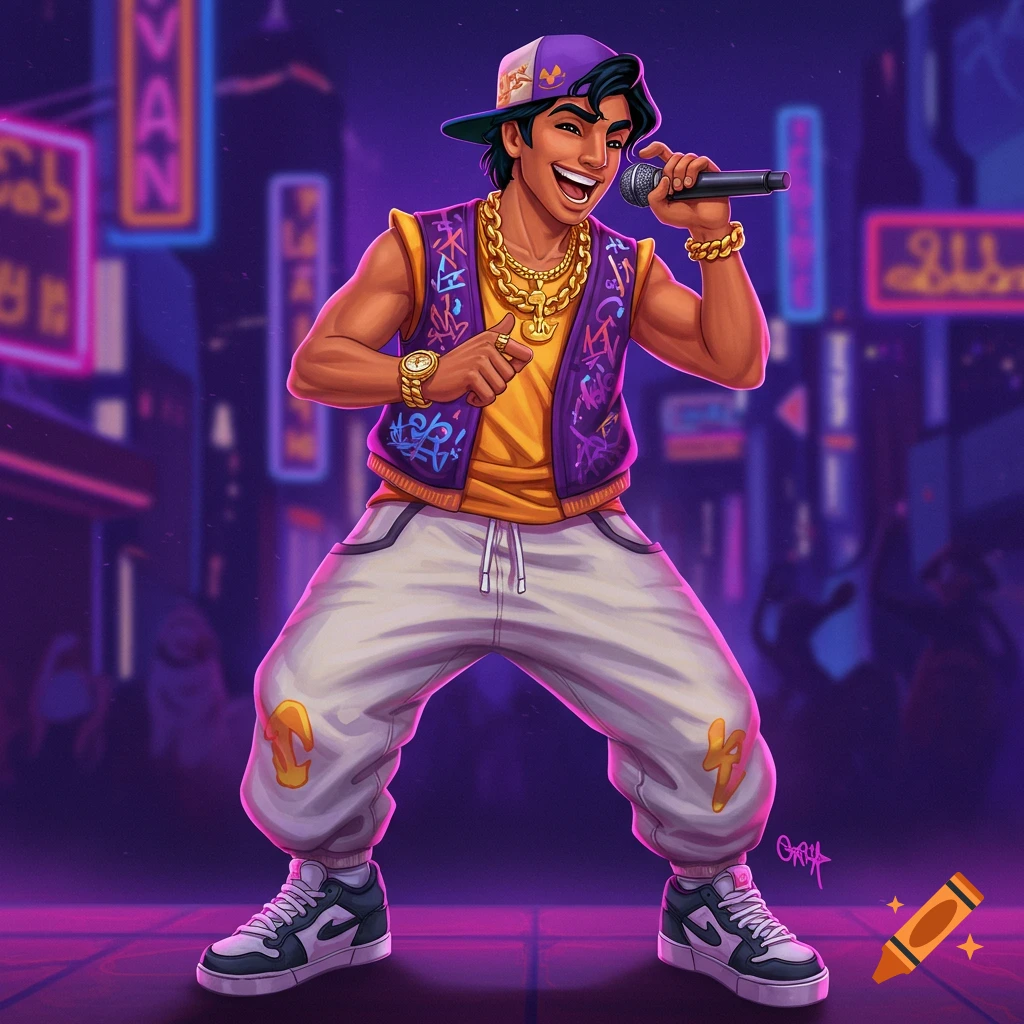 Cartoon illustration of Aladdin dressed as a rapper, holding a ...