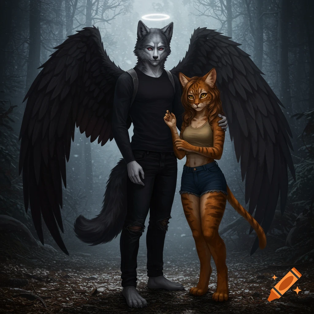 Fantasy faunus duo: winged male and cat girl on Craiyon