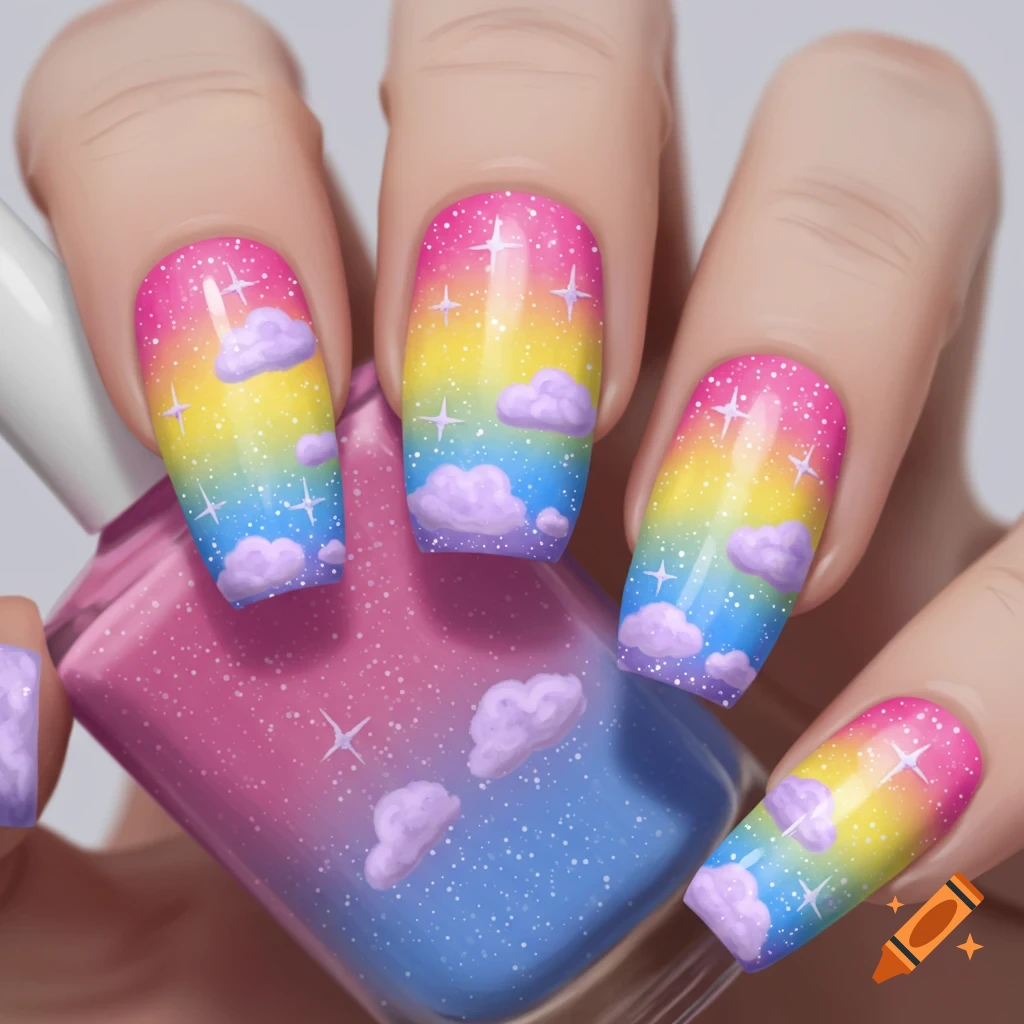 A hand holds a bottle of nail polish. The nails are painted in a rainbow gradient and decorated ...
