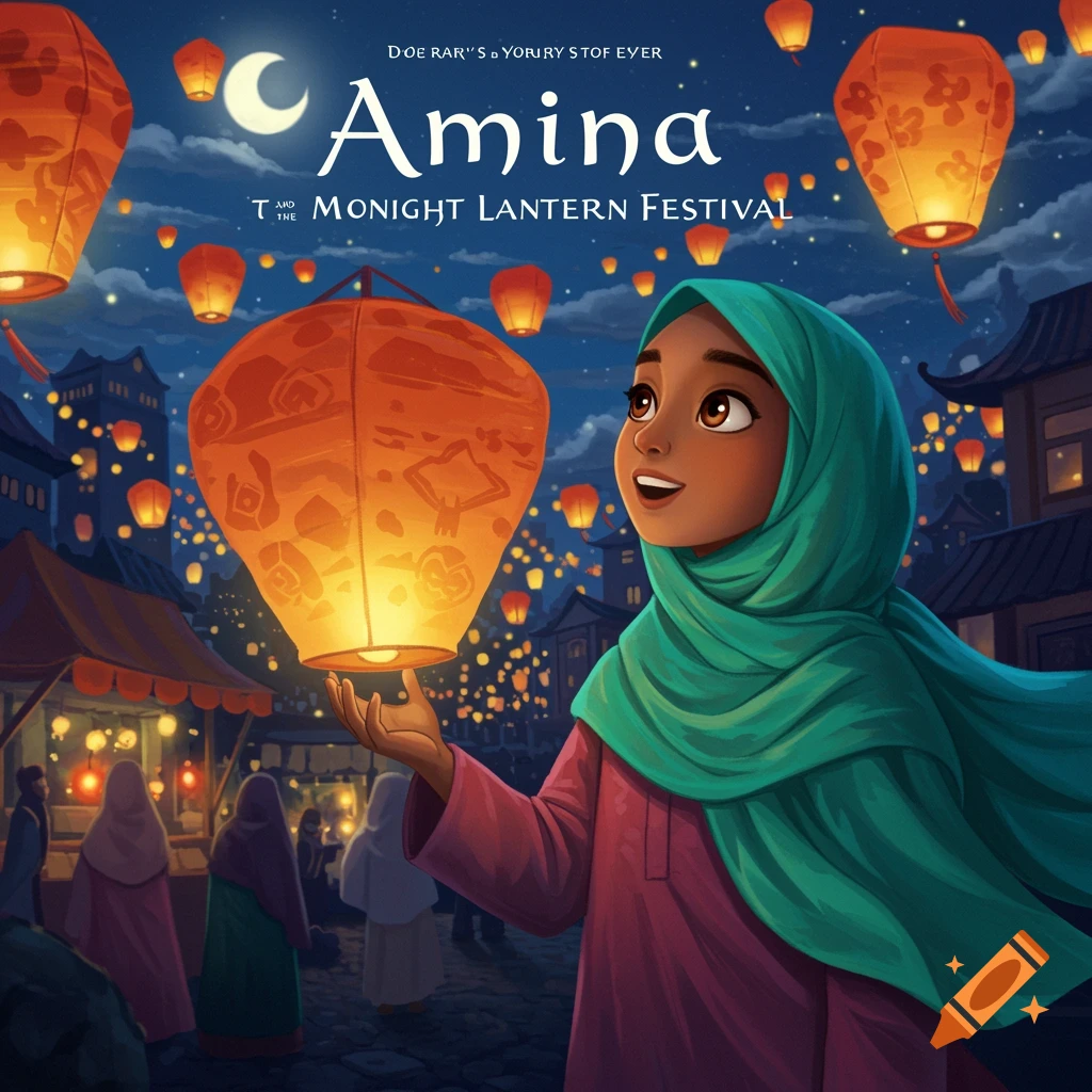 Children's book cover: Amina and the Moonlight Lantern Festival on Craiyon