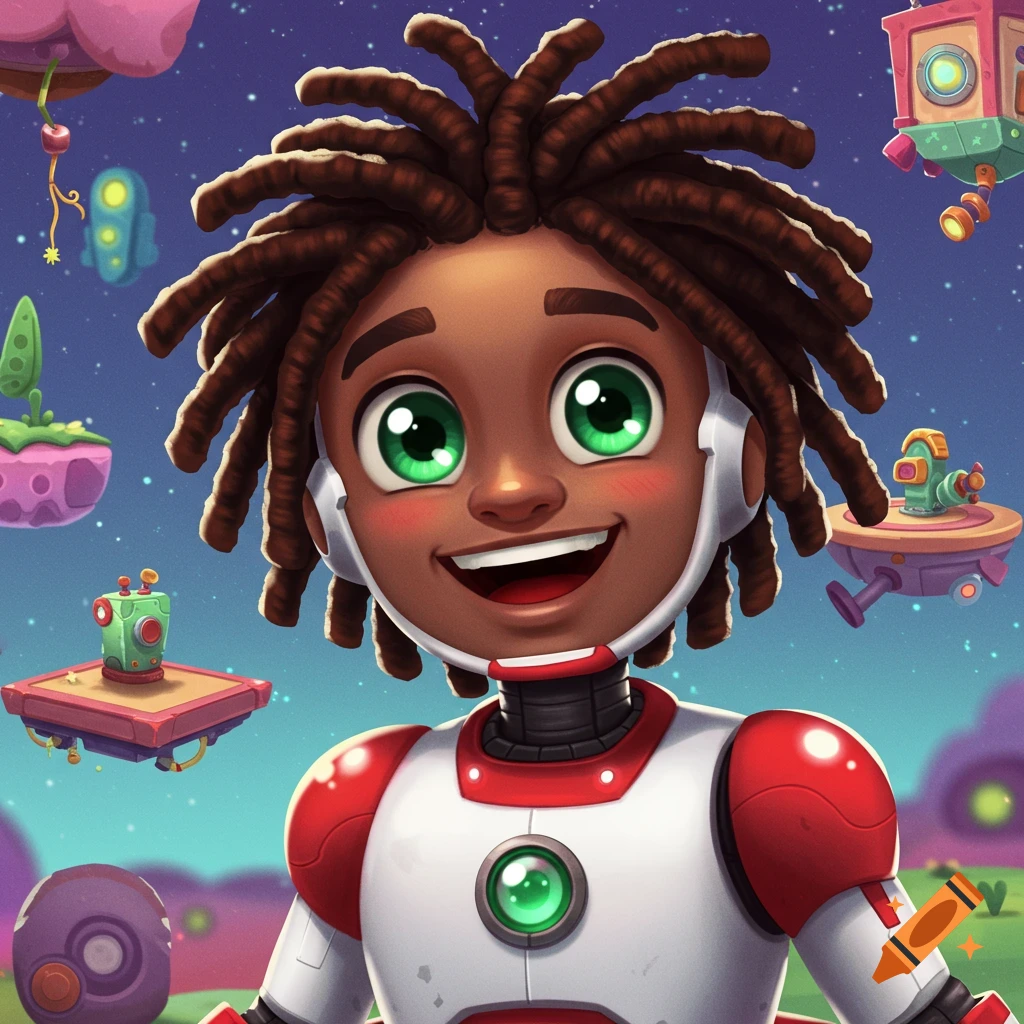 Cartoon character resembling Astro Bot with dreadlocks in space. on Craiyon