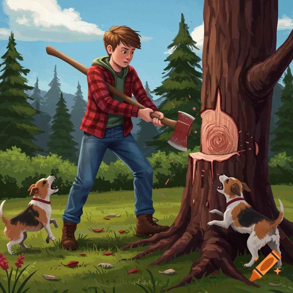 Boy chopping tree with axe, dogs barking on Craiyon