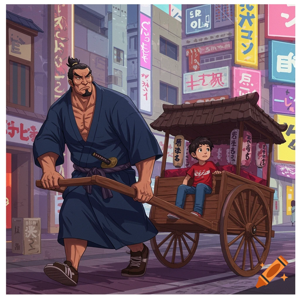 An anime-style painting of a muscular man in a kimono pulling a cart ...