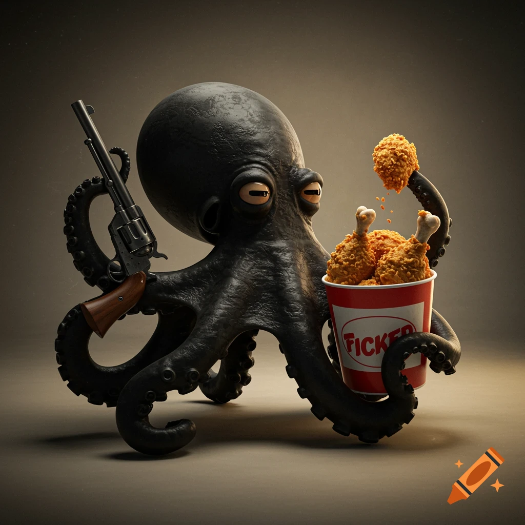 Realistic octopus with gun and fried chicken on Craiyon