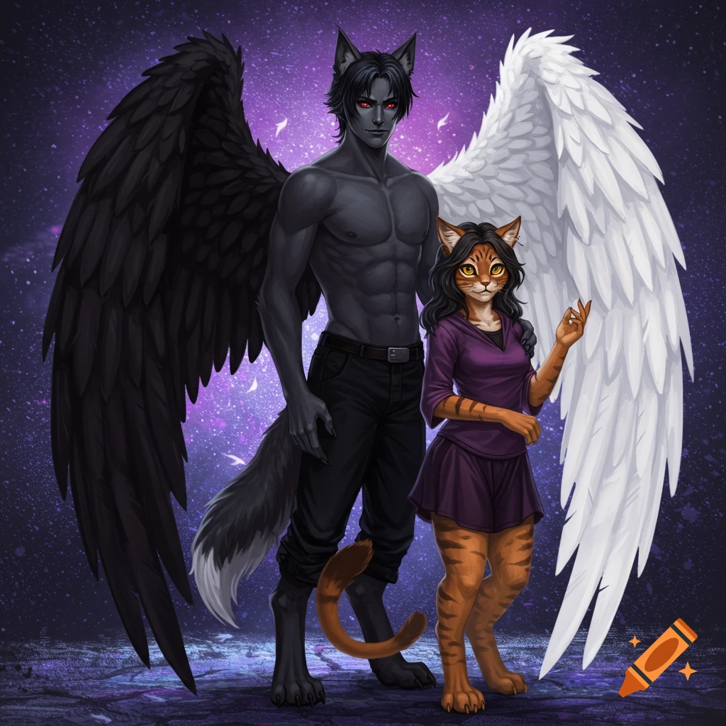Anime-style faunus duo: winged wolf-man and cat girl. on Craiyon
