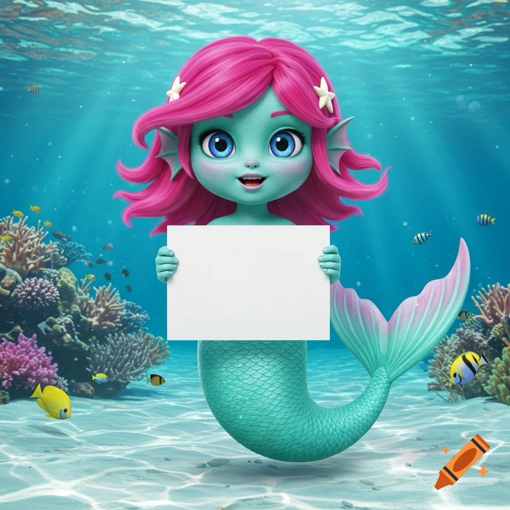 A cute cartoon mermaid with pink hair and a turquoise tail holds a ...