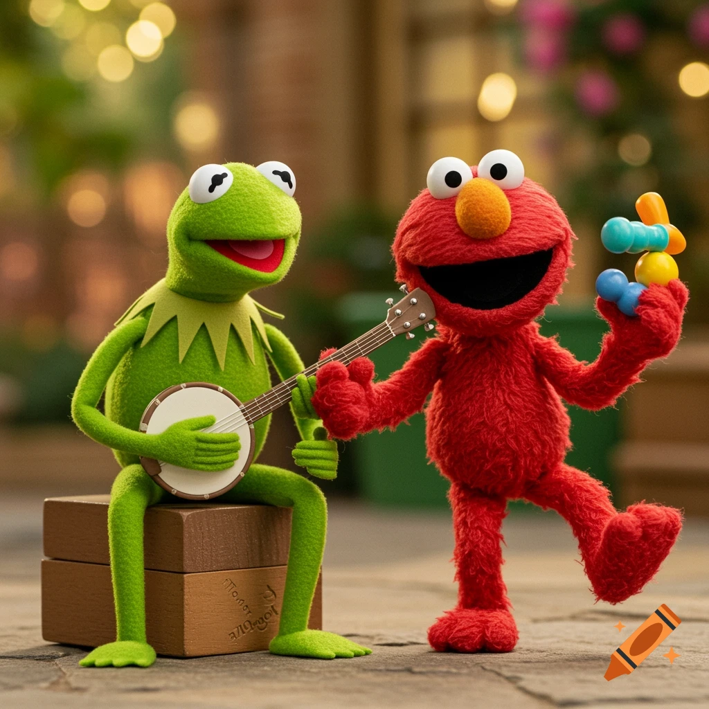 A purple puppet character with orange hair and a yellow shirt smiles ...