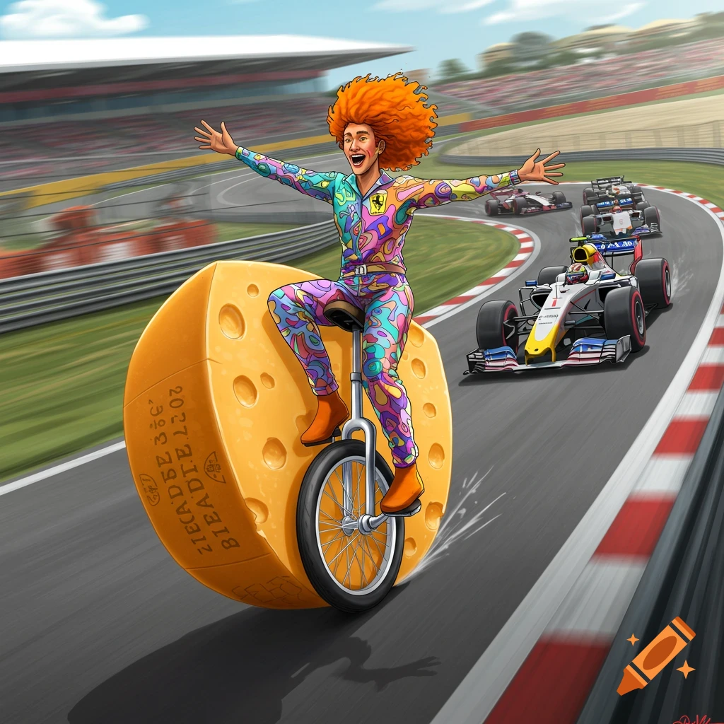 Painting of person with orange afro and colorful suit riding a giant ...