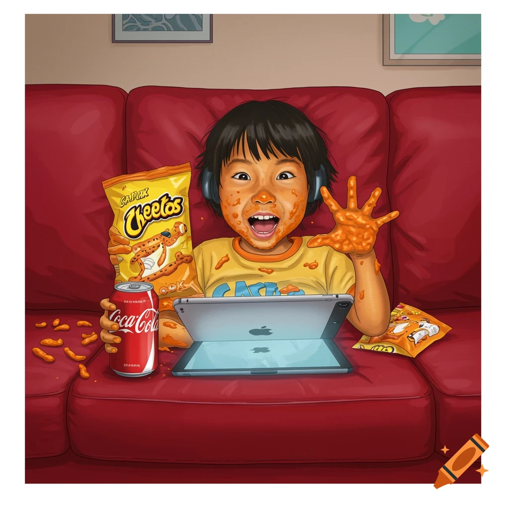 Child with Cheetos and Coca-Cola on couch using iPad on Craiyon
