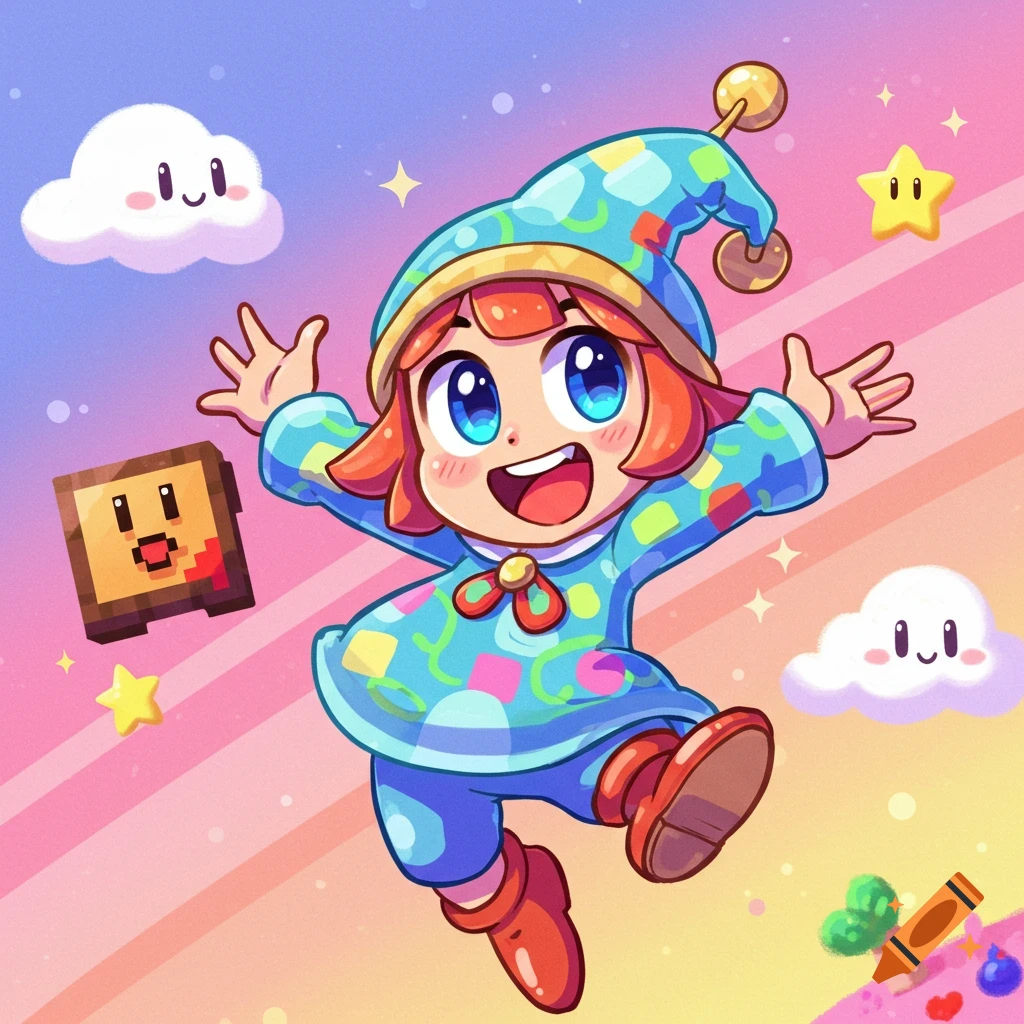 A cute pastel cartoon character in a jester outfit stands in a ...