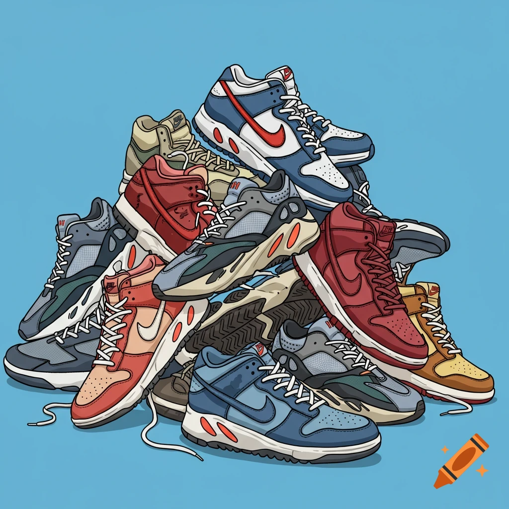 A cartoon illustration of a pile of colorful sneakers, including Nike ...