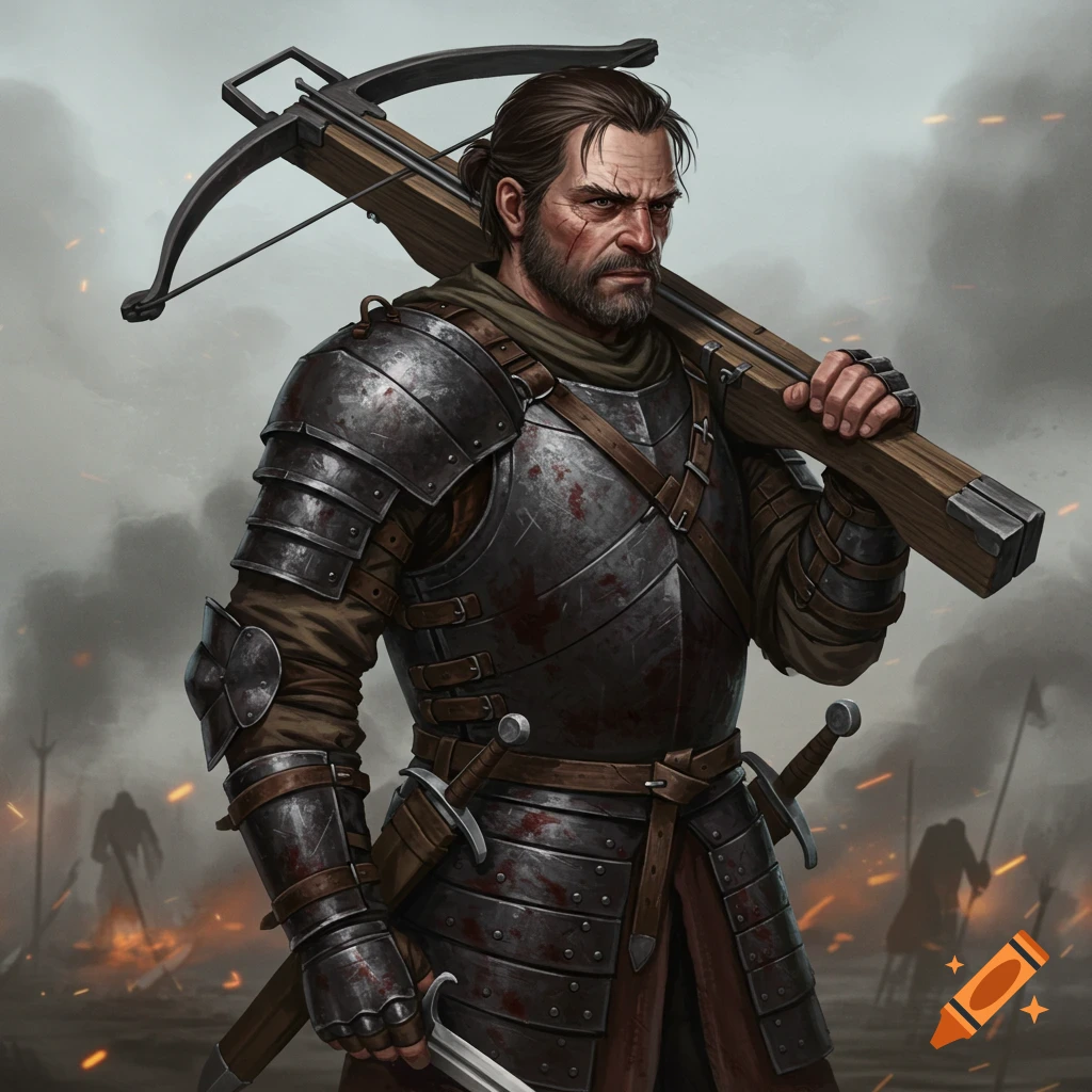 A rugged mercenary warrior in armor holding a crossbow in a smoky ...