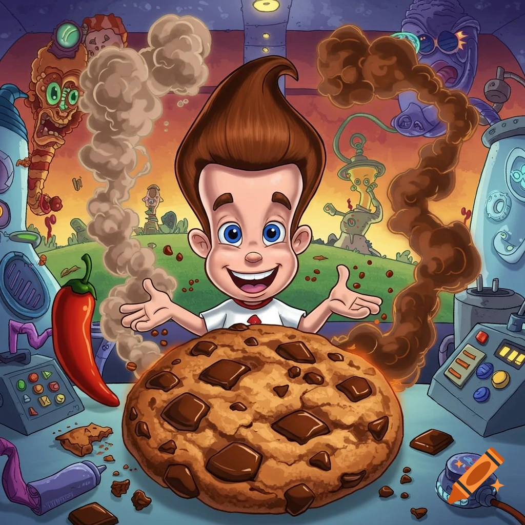 Jimmy Neutron creating a spicy chocolate cookie on Craiyon