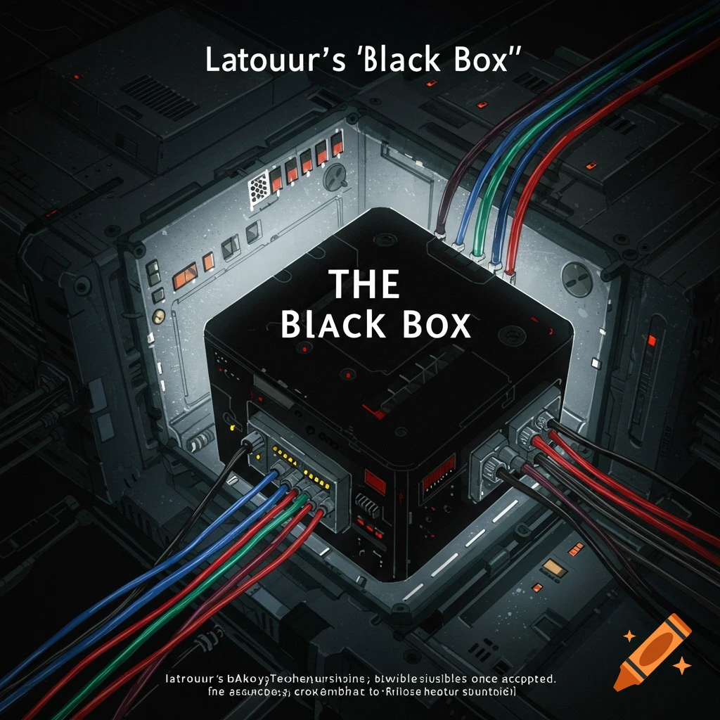 Digital illustration of a black box with wires in a futuristic setting ...