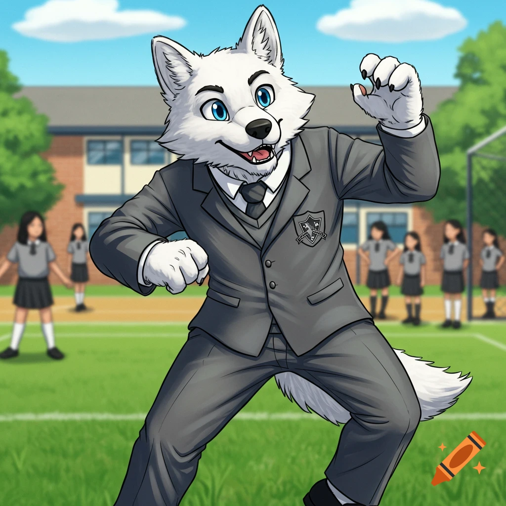 White wolf mascot in gray school uniform on Craiyon