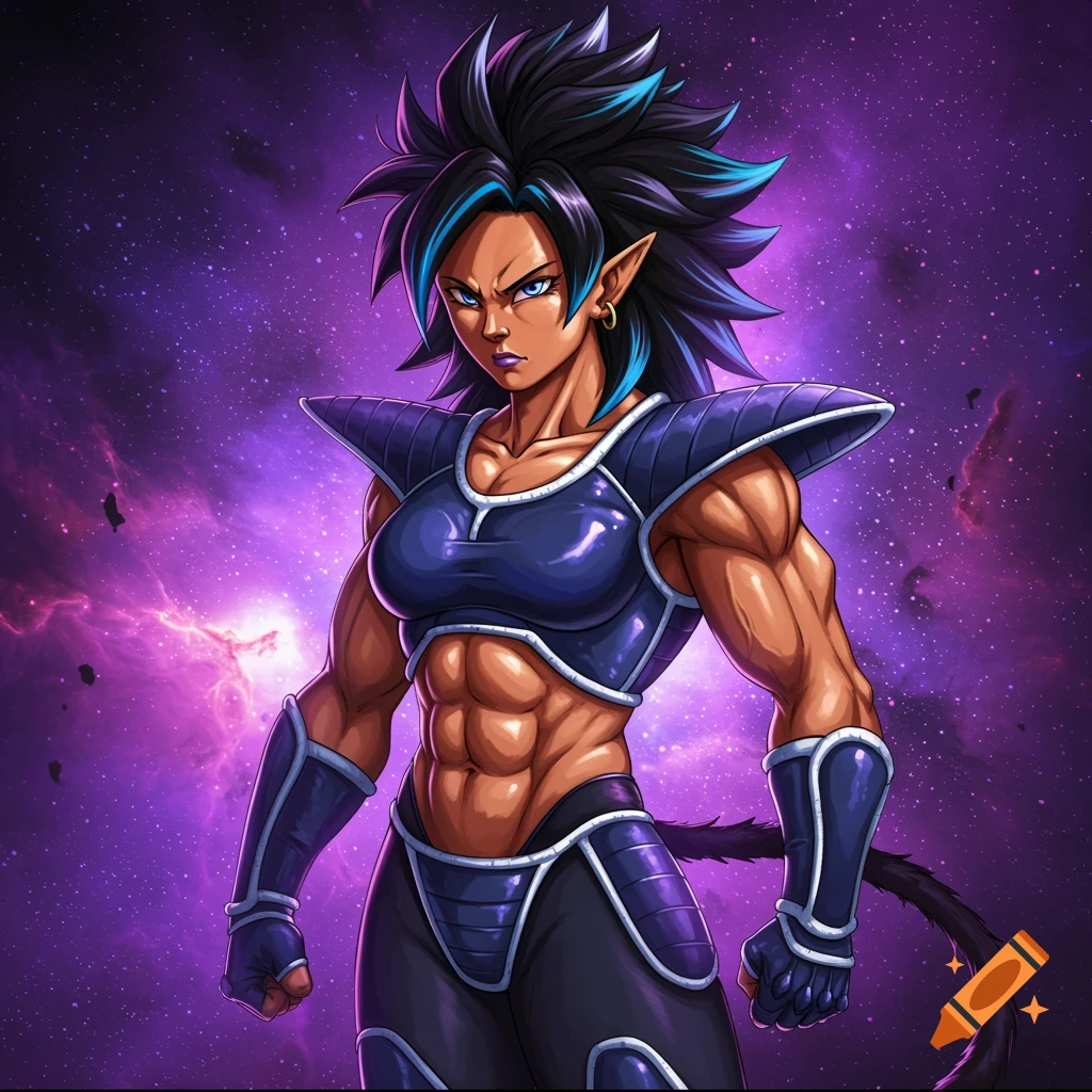 A muscular female warrior in battle armor with blue hair streaks, standing in a purple space ...