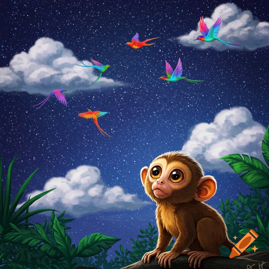 A cute baby monkey sits on a branch looking at colorful birds flying in ...